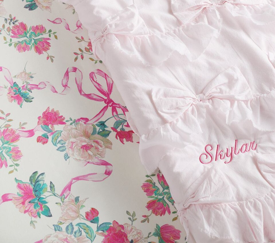 LoveShackFancy Cabbage Rose Bow Organic Cot Fitted Sheet | Pottery Barn ...